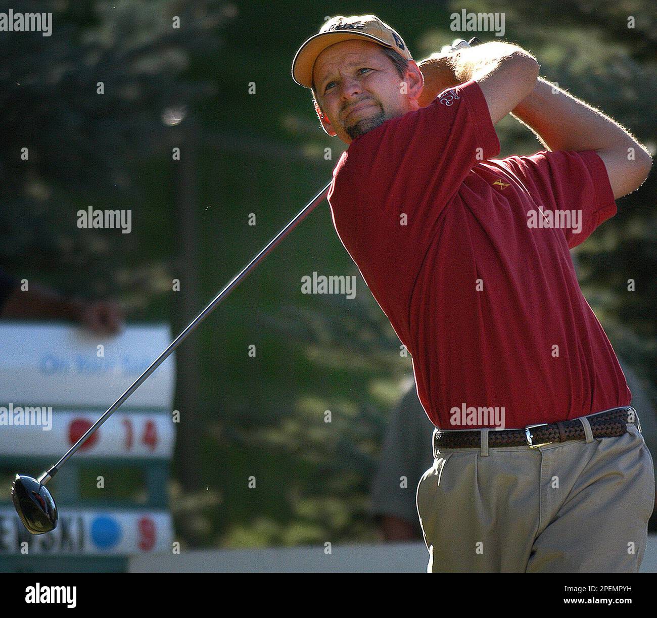 Scott Gump watches his drive from the 18th tee during the Nationwide ...