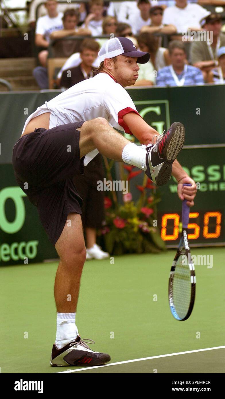 USA's Andy Roddick plays to the crowd Sunday, Sept. 26, 2004, before ...