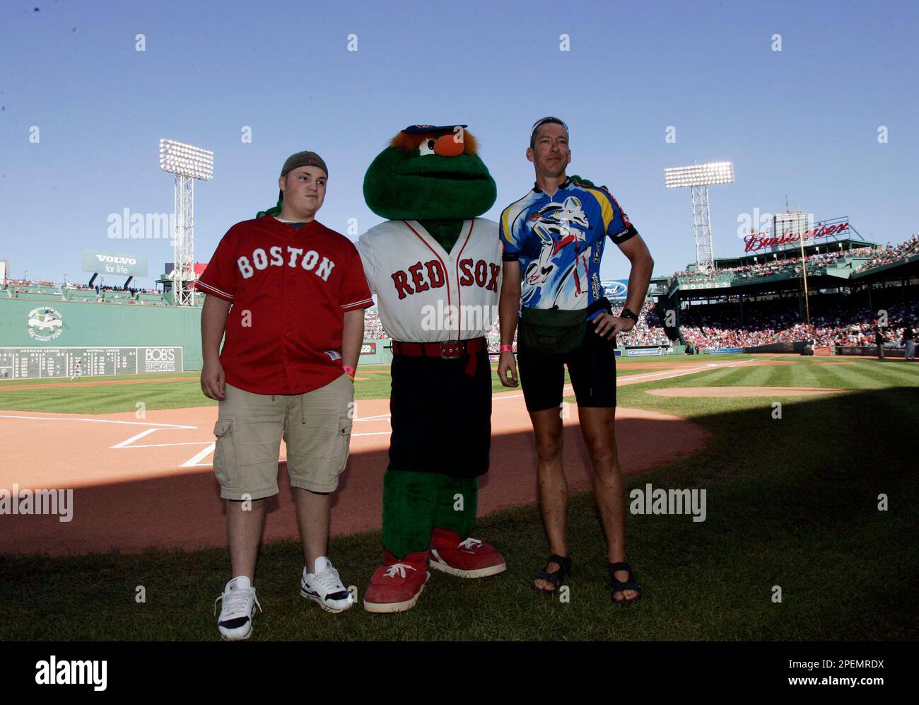 Charlie Hamilton, right,of Provincetown, Mass., Wally the Green Monster ...