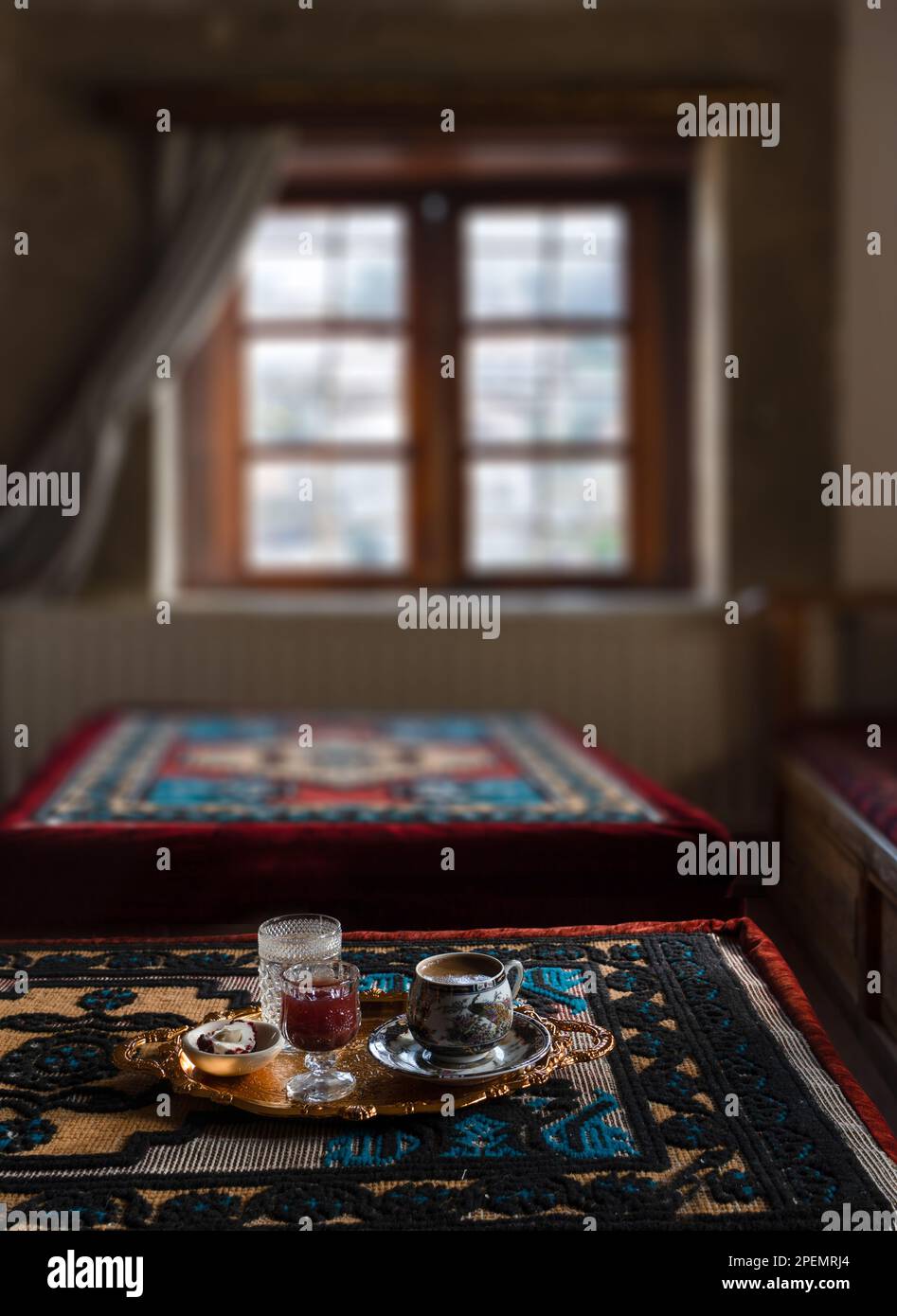 Coffee, Turkish delight, sherbet and water served in traditional ...