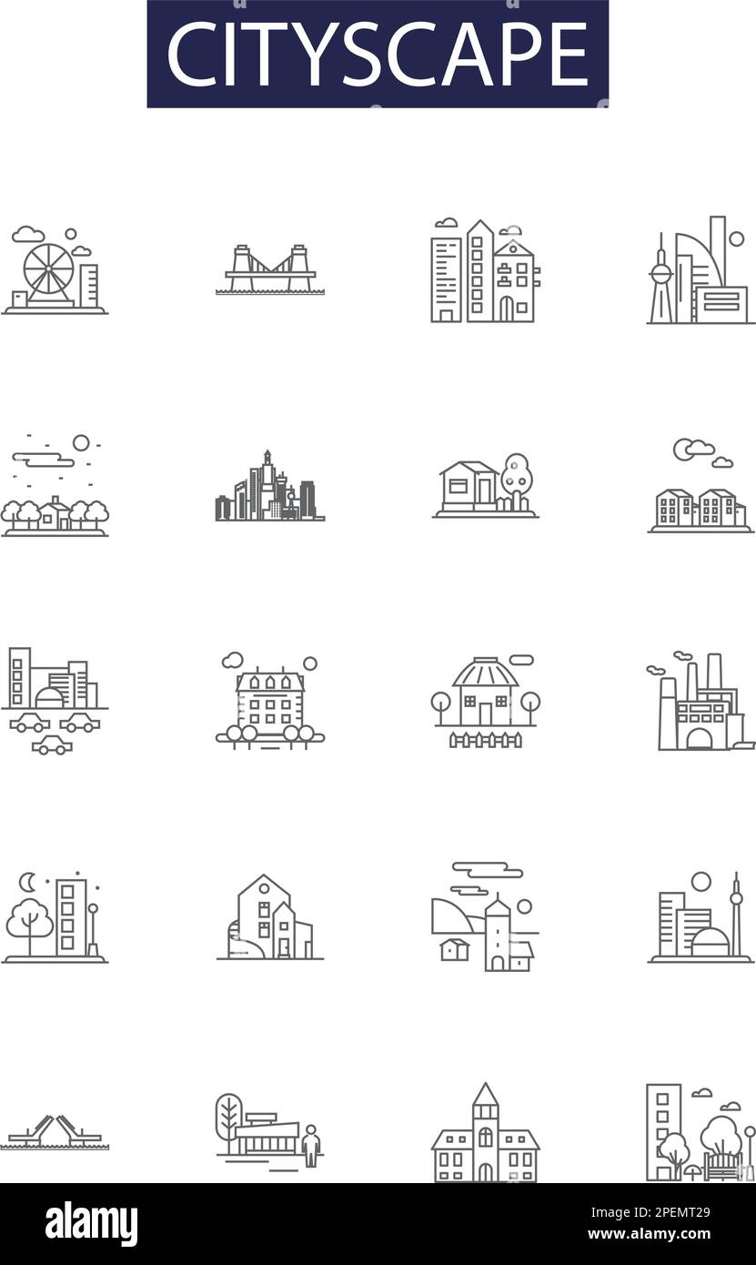 Cityscape line vector icons and signs. Skyline, Landmark, Facade, Architecture, View, Vibe ...