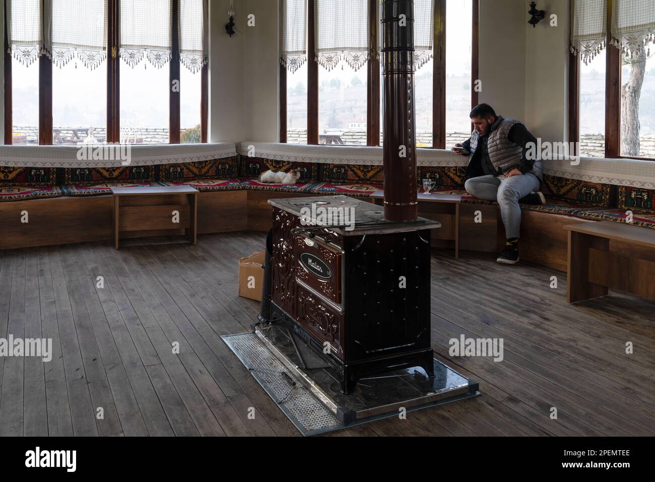 Safranbolu, Karabuk, Turkey - December 30 2022:Cast iron stove in a big ...