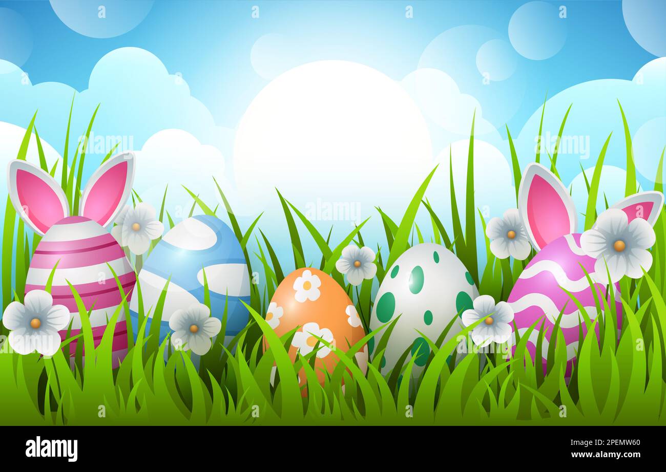Happy Easter background with decorated Easter eggs and bunny ears ...