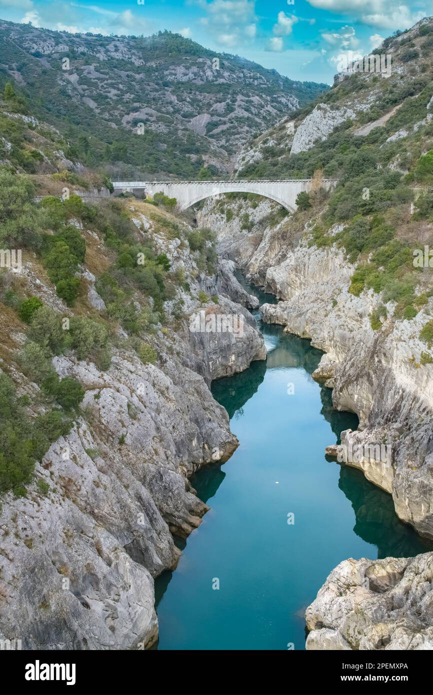 The Devil bridge in the Herault department, touristic landmark in ...