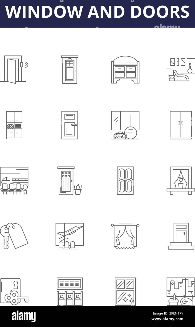 Window and doors line vector icons and signs. Doors, Frames, Sills, Openings, Panes, Mullions ...
