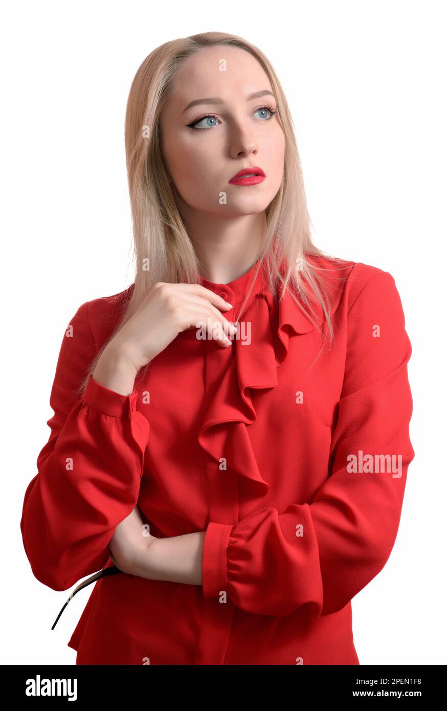 Portrait of young woman in a red jacket Stock Photo - Alamy