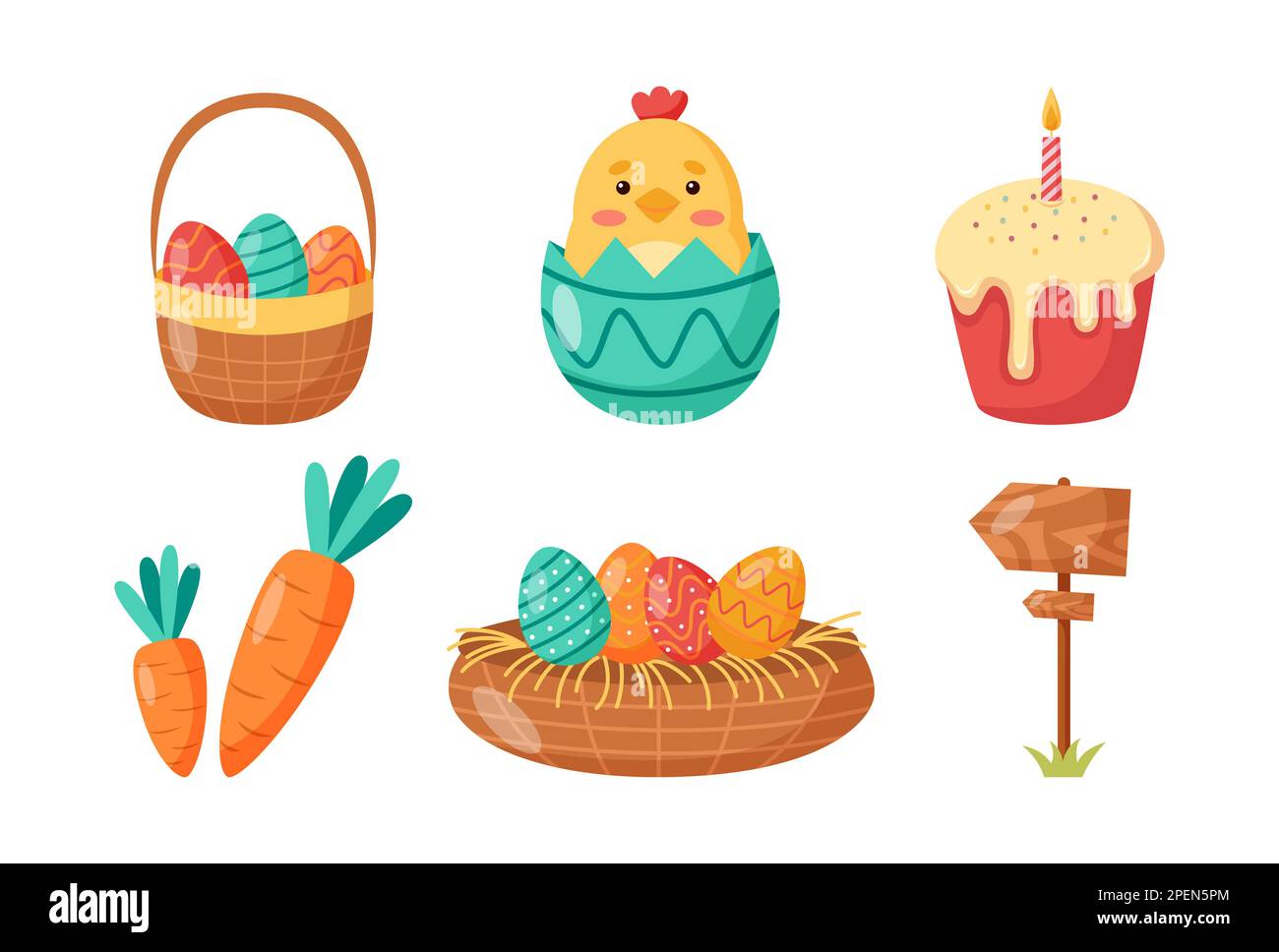 Happy Easter design element with basket of eggs, hatched baby chicken ...