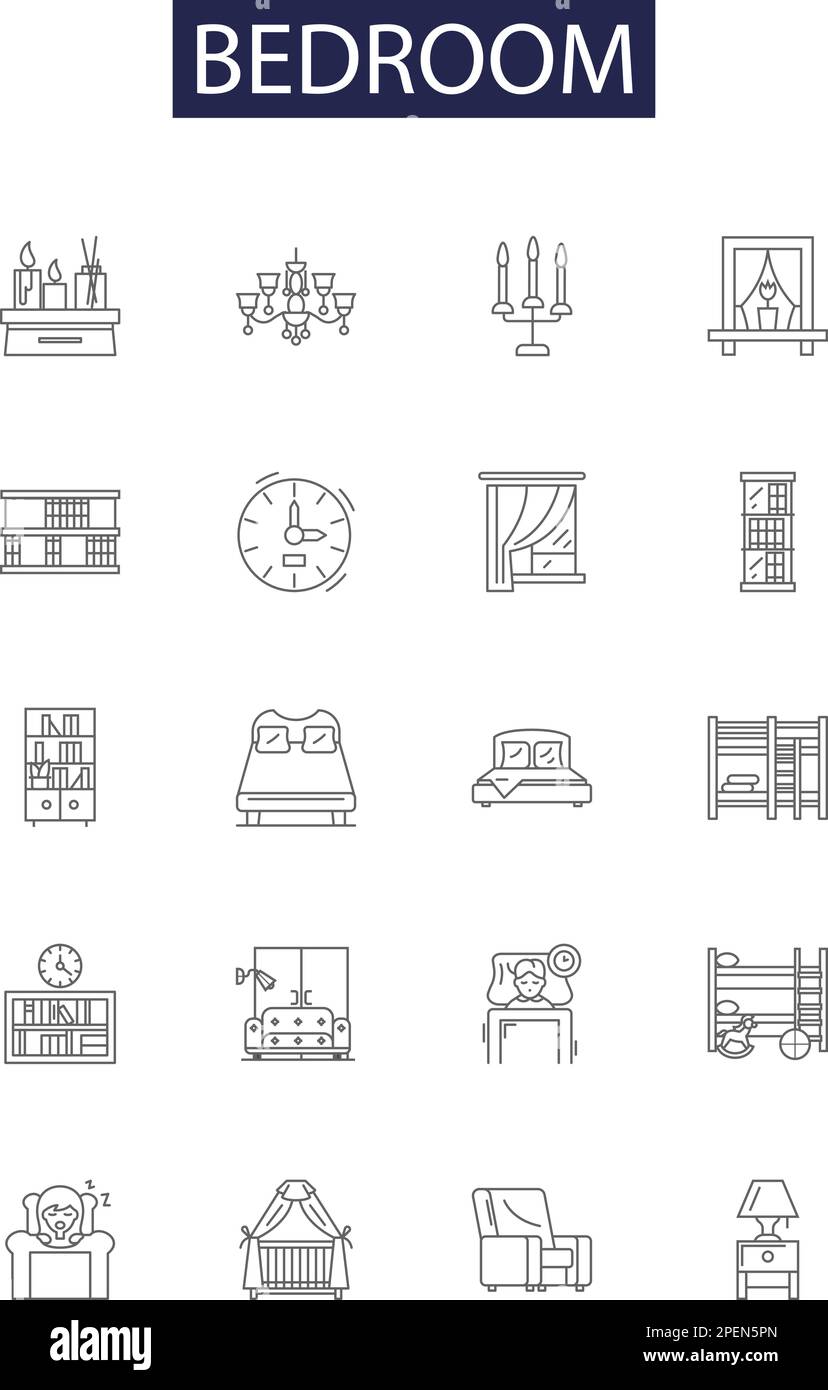 Bedroom line vector icons and signs. Room, Sleep, Comfort, Decor, Furniture, Bedsheet, Pillow ...