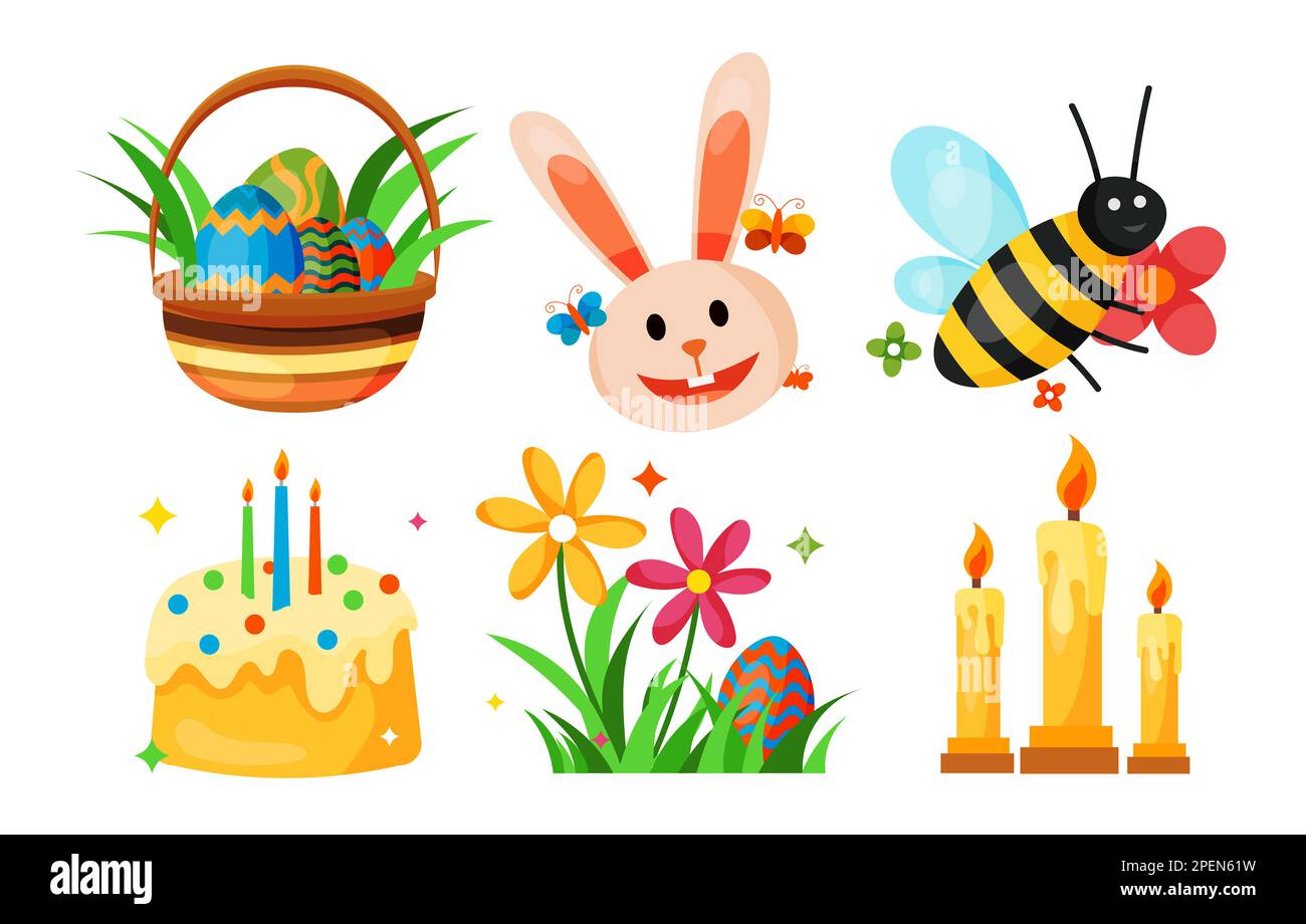 Happy Easter design element with basket of eggs, bunny ears, bee, cake ...