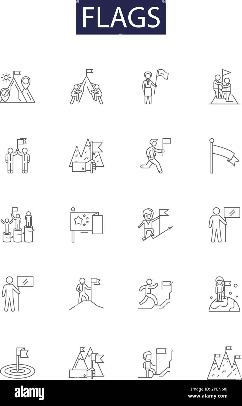 Flags line vector icons and signs. Emblem, Standard, Sign, Pennant, Colours, Flagpole, Wings ...