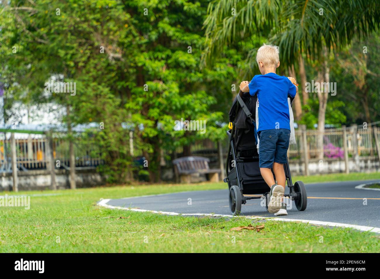 A little boy is pushing a baby in a stroller. The child learns to care ...