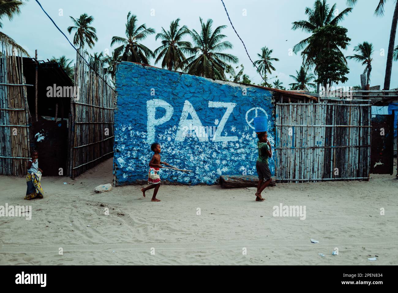 Blue wall with word paz meaning peace in cabo delgado, pemba Mozambique ...