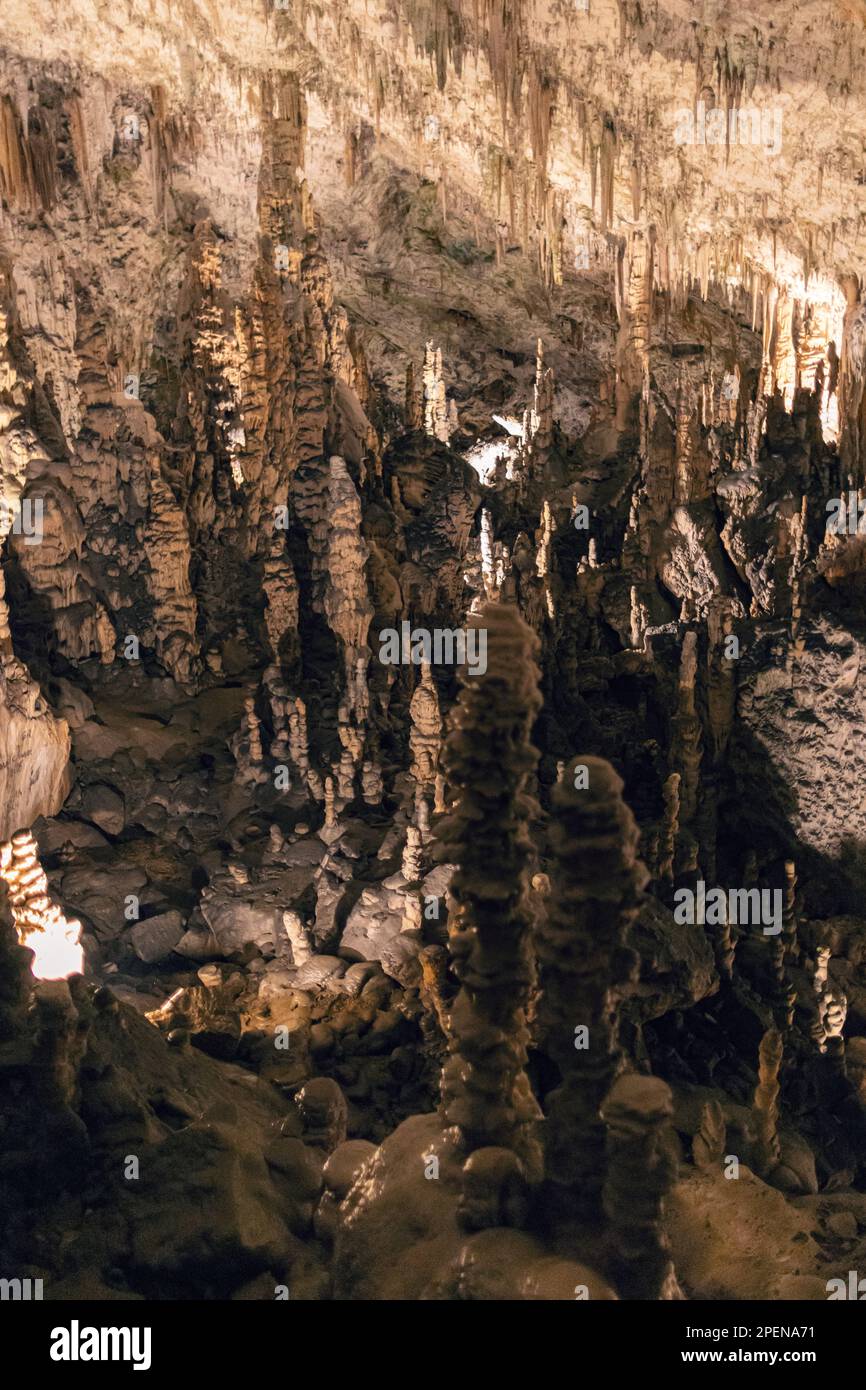 Big stalactite and stalagmite. Inside cave scene Stock Photo - Alamy