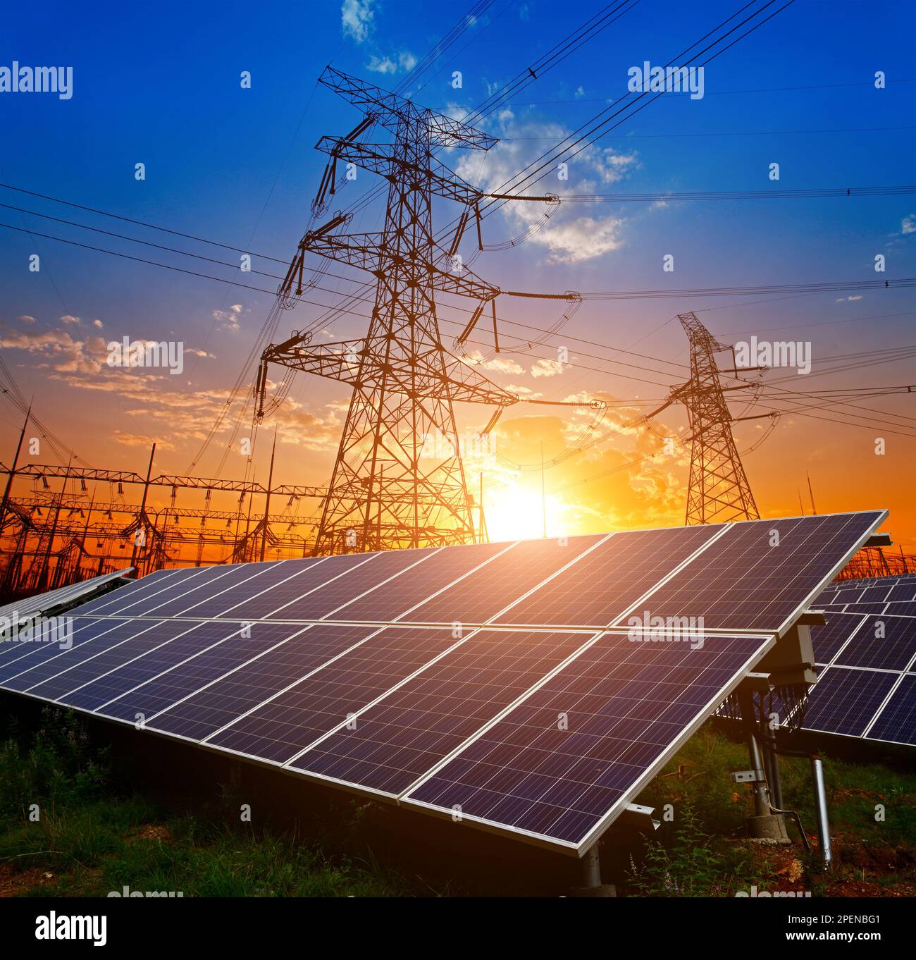Solar panels and pylon, green environmental protection Stock Photo - Alamy