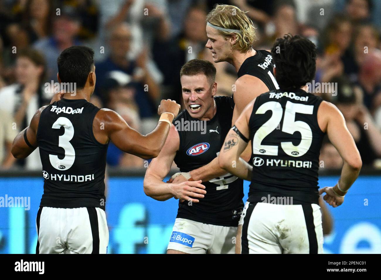 Matthew Owies of Carlton celebrates scoring a goal during the AFL Round ...