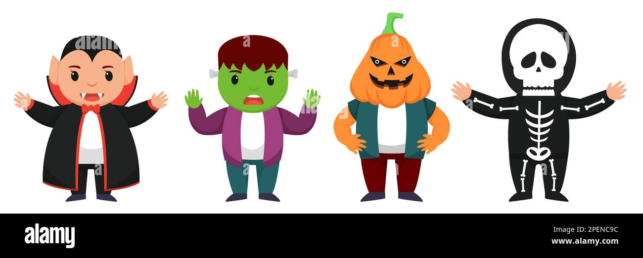 Halloween character vector set with vampire, hulk, pumpkin and skeleton ...
