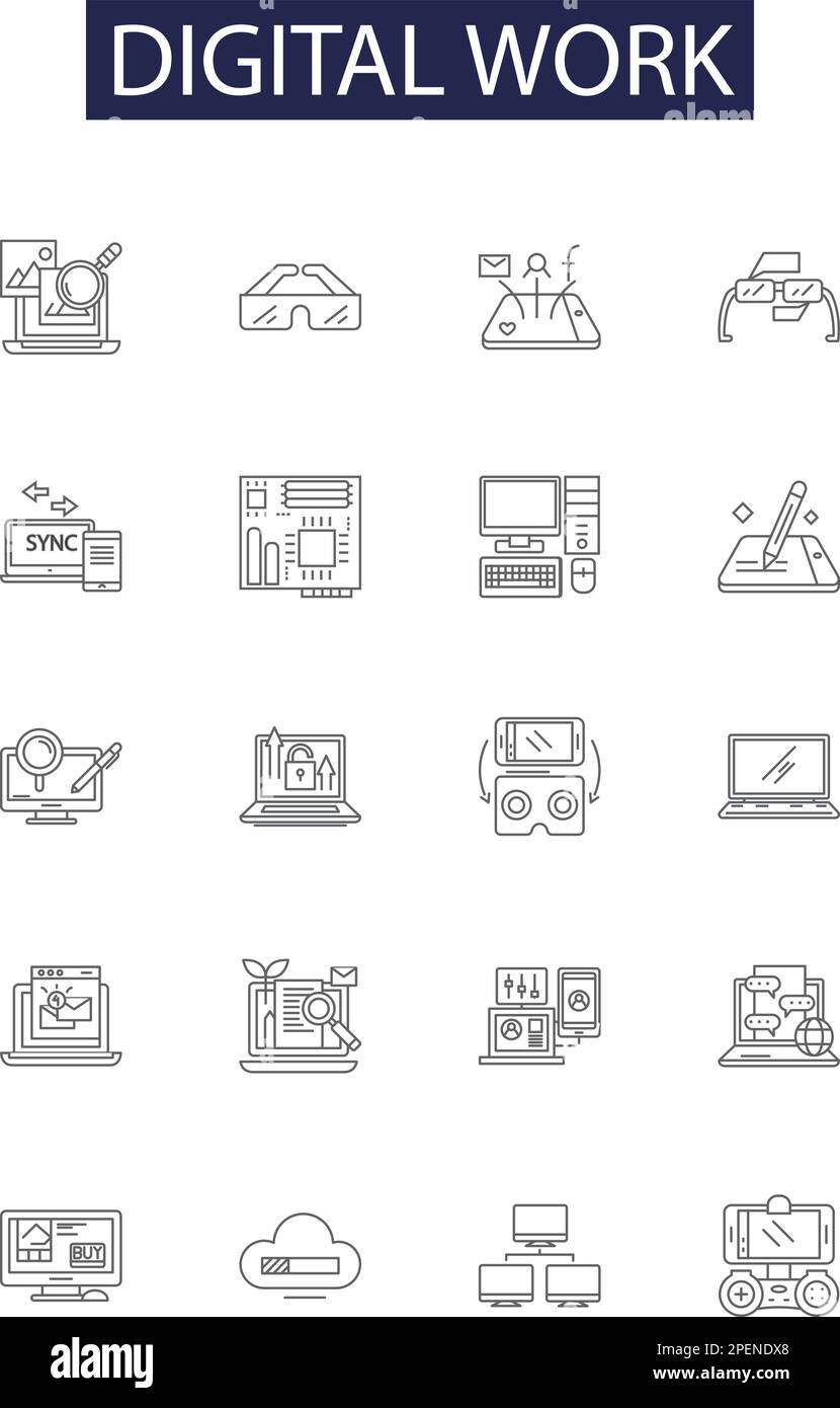 Digital work line vector icons and signs. Work, Technology, Online ...