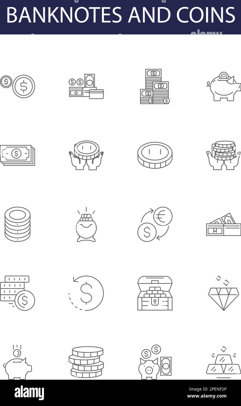 Banknotes and coins line vector icons and signs. Banknotes, Coins ...