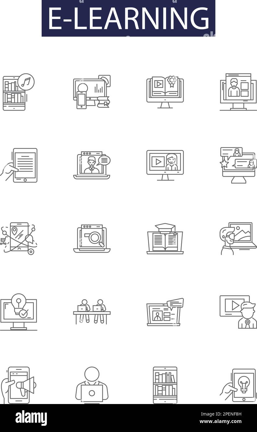 E learning line vector icons and signs. internet, computer, online ...