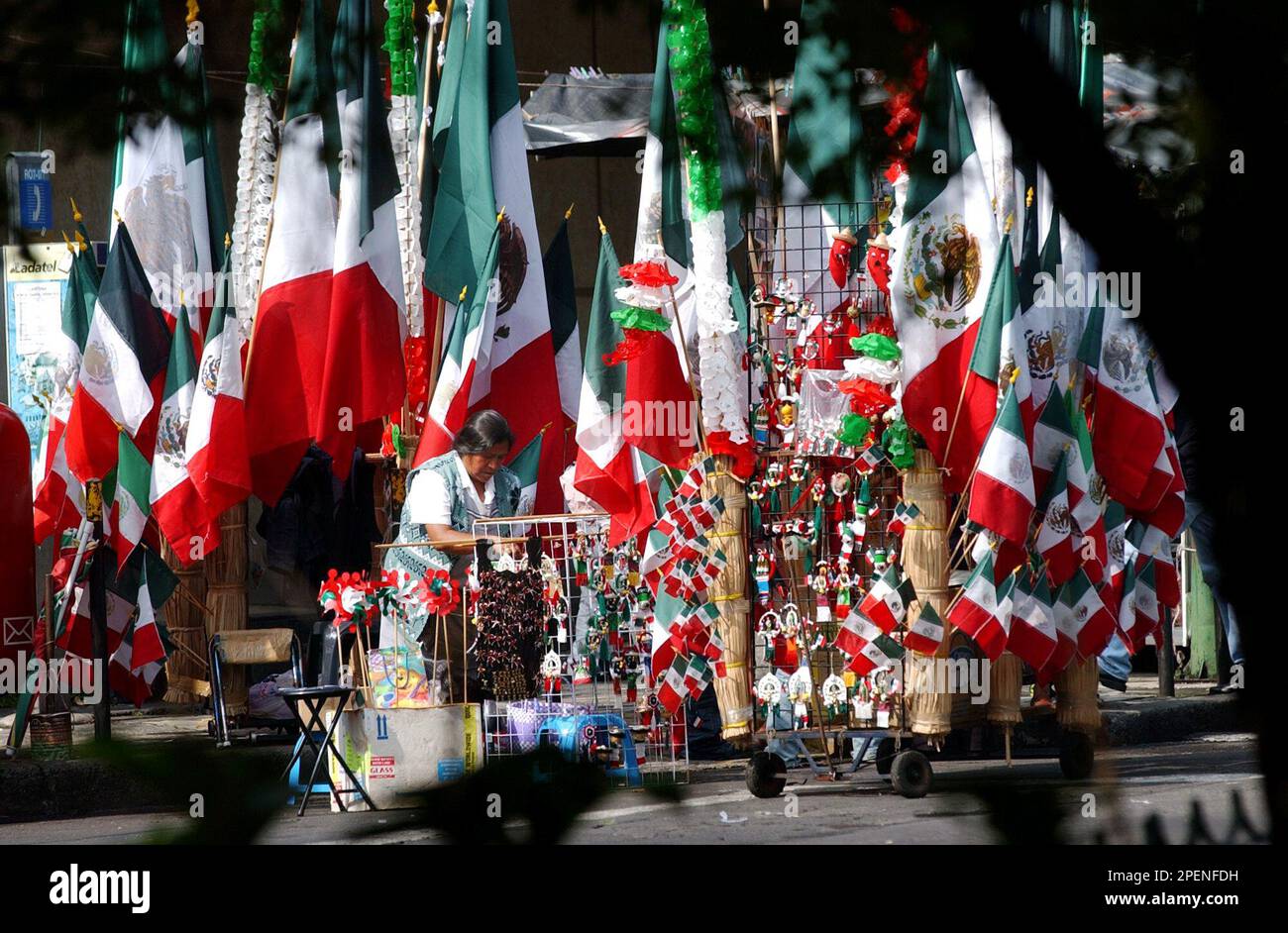 Maria Lopez sells Mexican flags on the street Tuesday, Sept. 14, 2004 ...