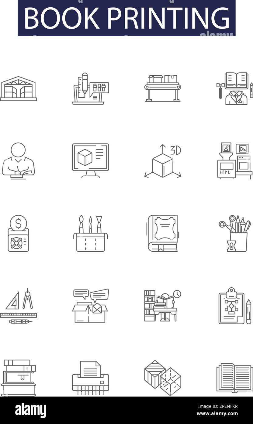 Book printing line vector icons and signs. Binding, Covering, Offset, Printing, Finishing ...