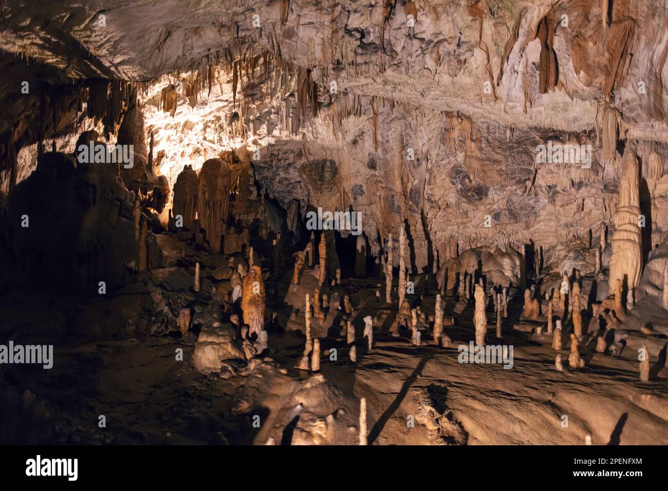 Stalactite and stalagmite mineral formation dropstones. Inside cave ...