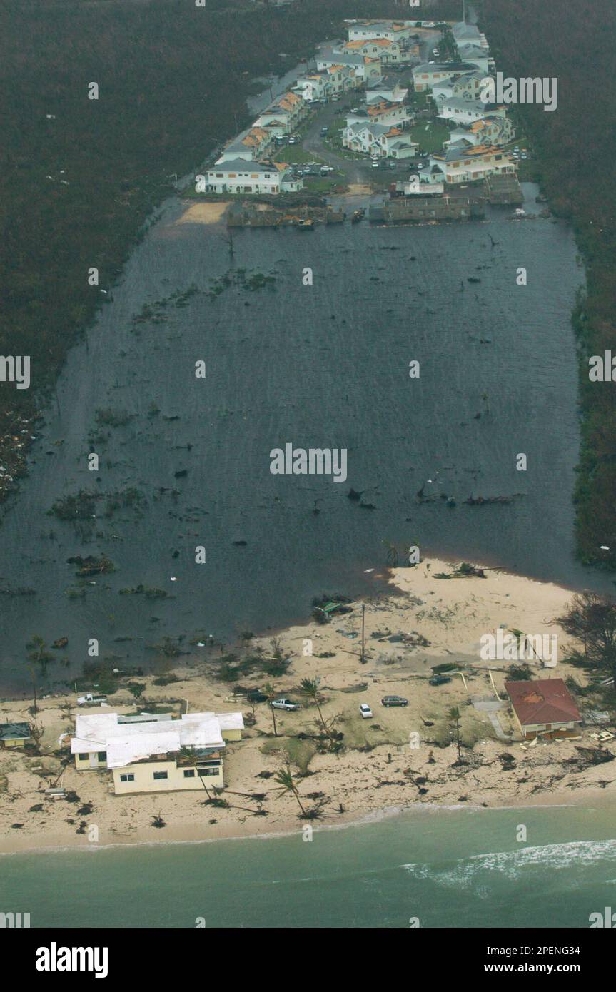 A aerial view shows large areas of Grand Cayman Island flooded after ...