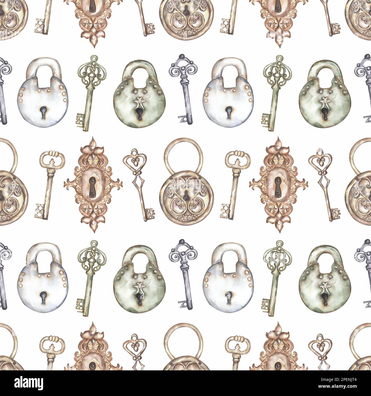 Watercolor retro style seamless pattern with keys and padlock clipart ...