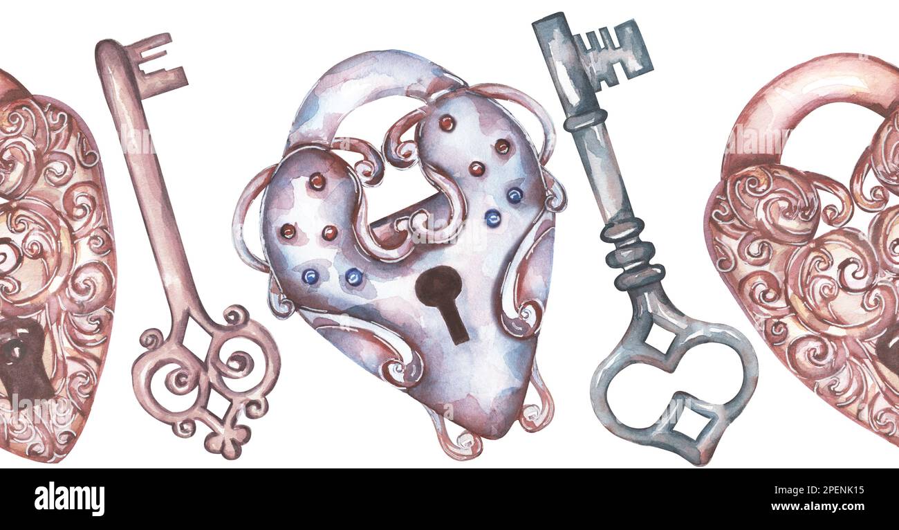 Watercolor retro style seamless border with keys and padlocks clipart ...