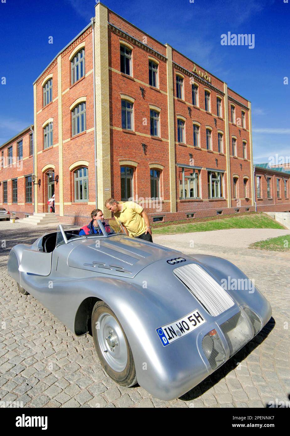 A reconstruction of a German Wanderer race car from 1936 stands in ...