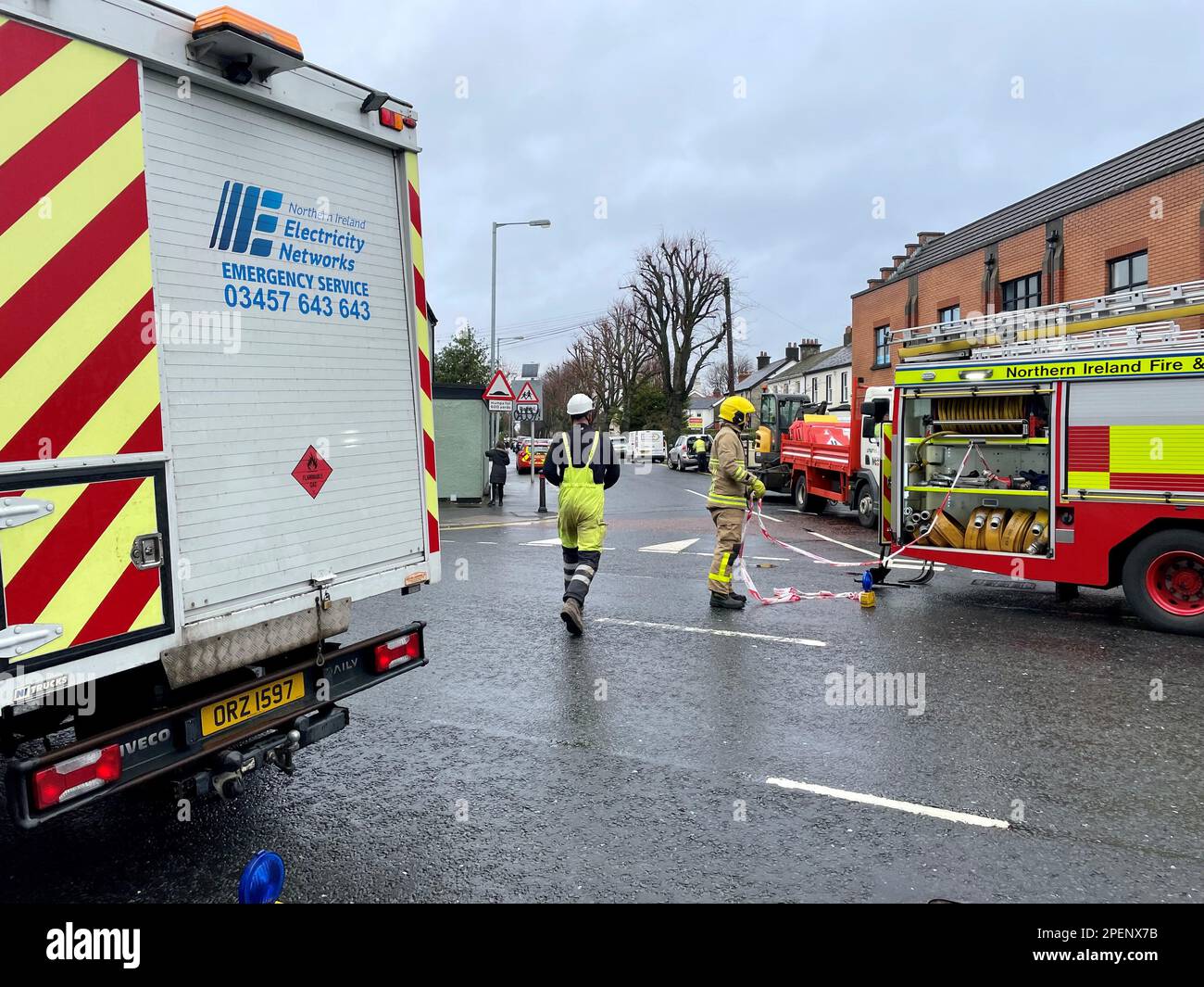 Firefighters and Northern Ireland Electricity engineers on Newtownards ...