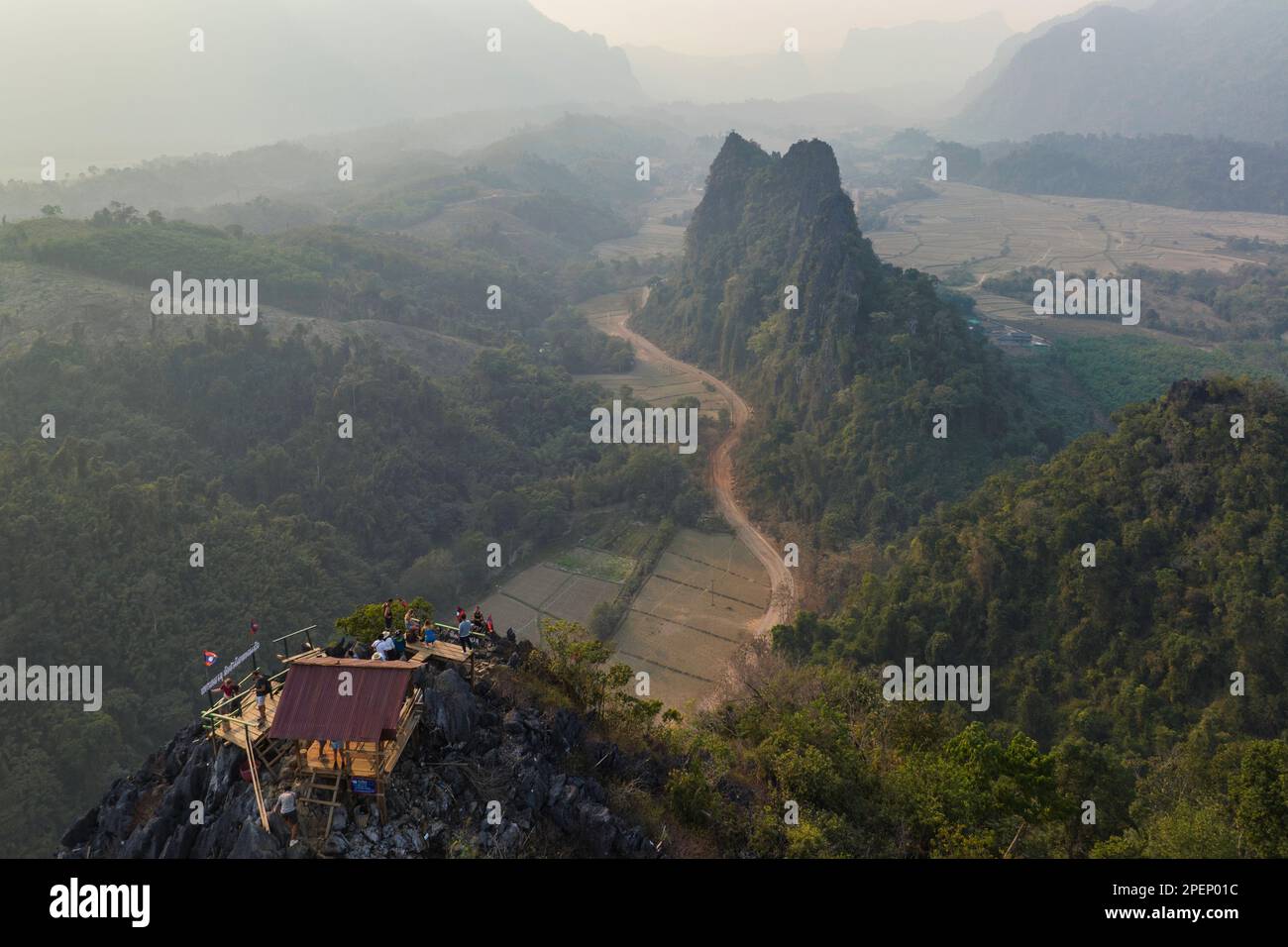 Aerial view of Nam Xay viewpoint in Vang Vieng at sunset, Laos Stock ...