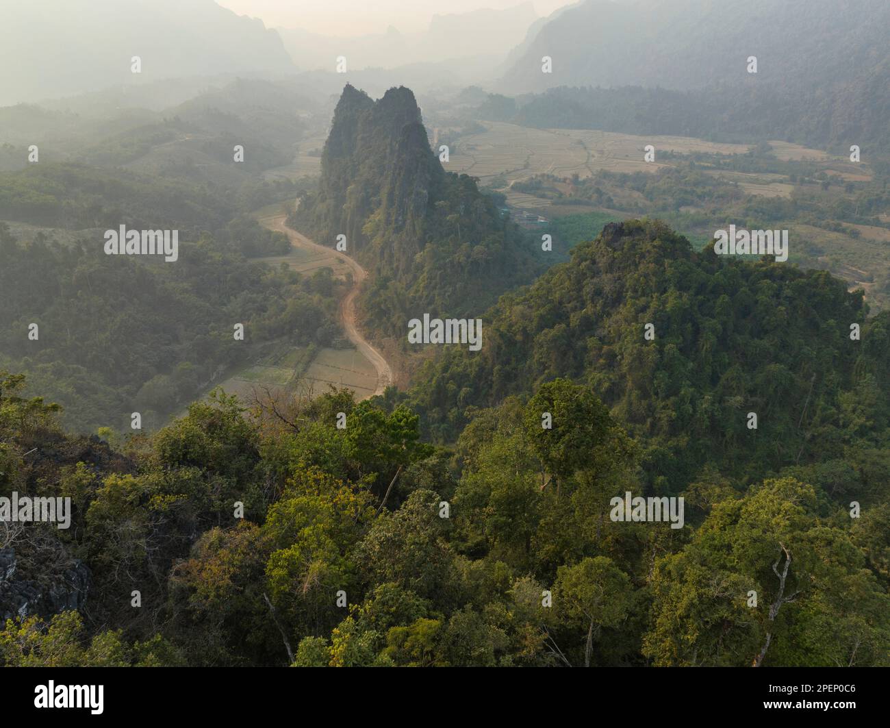 Aerial view of Nam Xay viewpoint in Vang Vieng at sunset, Laos Stock ...