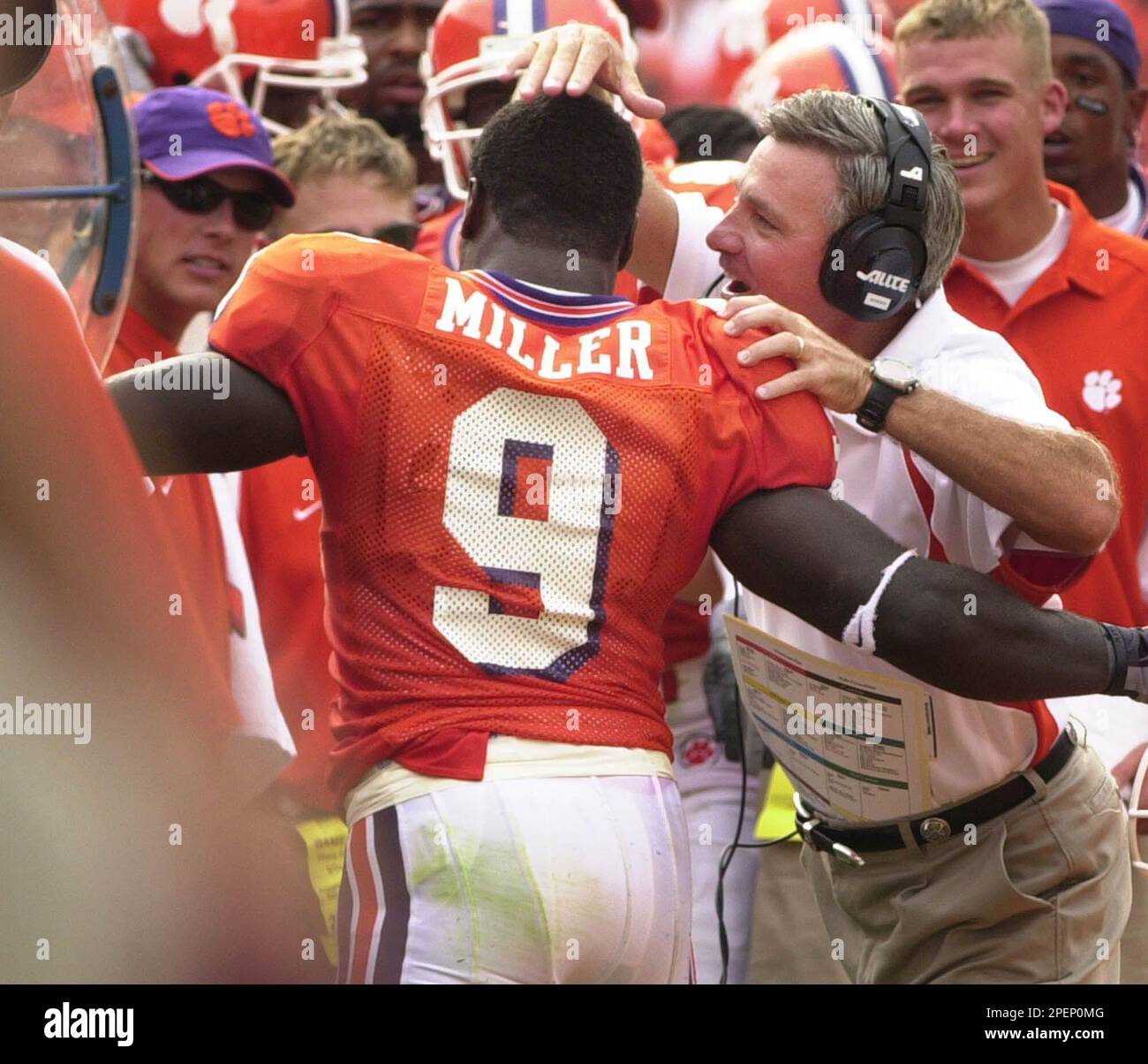 Clemson's head coach Tommy Bowden celebrates with Justin Miller after ...