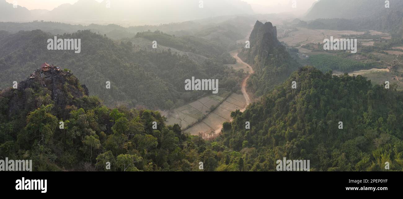 Aerial view of Nam Xay viewpoint in Vang Vieng at sunset, Laos Stock ...