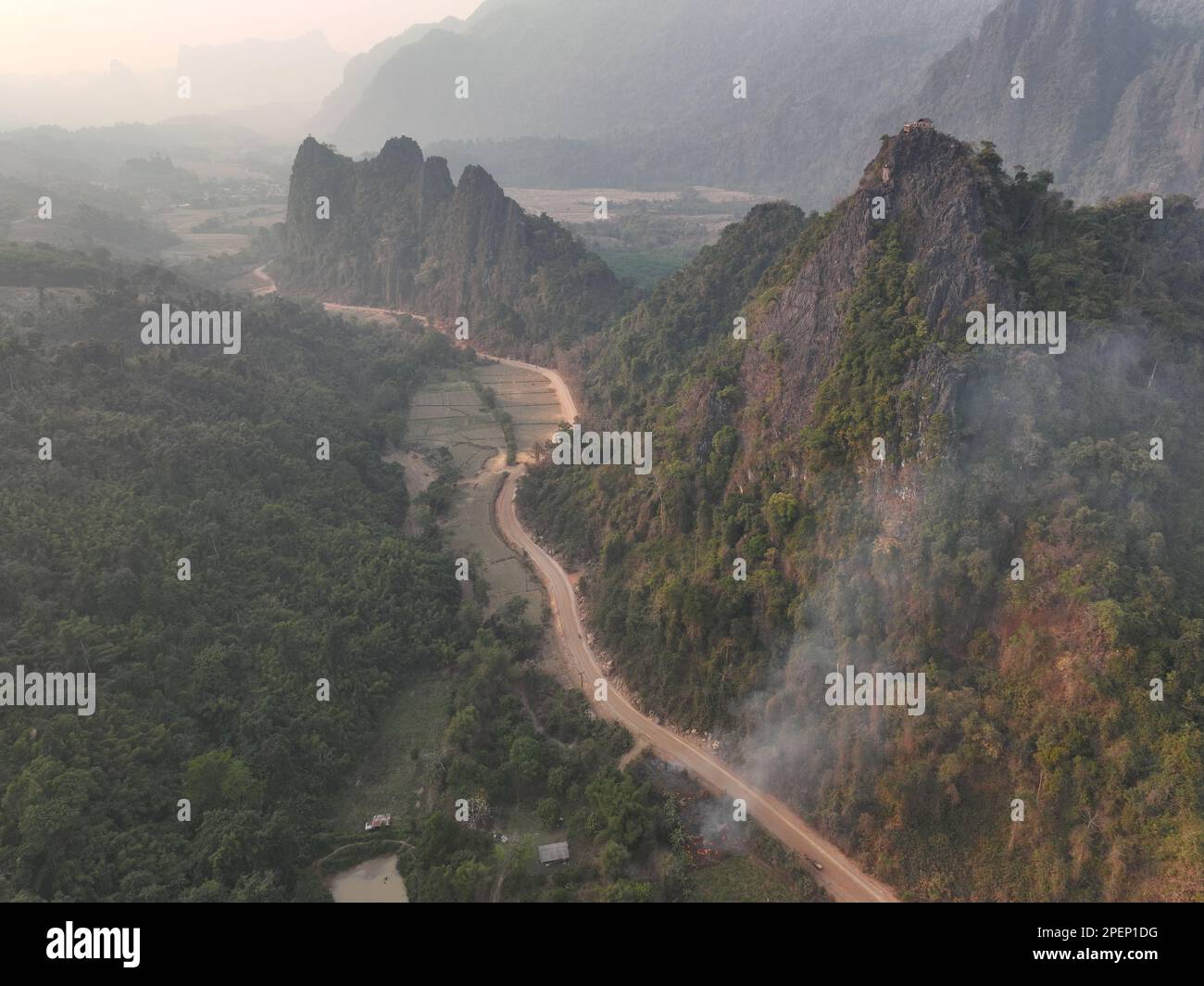 Aerial view of Nam Xay viewpoint in Vang Vieng at sunset, Laos Stock ...
