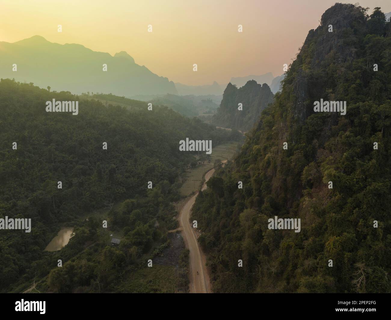 Aerial view of Nam Xay viewpoint in Vang Vieng at sunset, Laos Stock ...