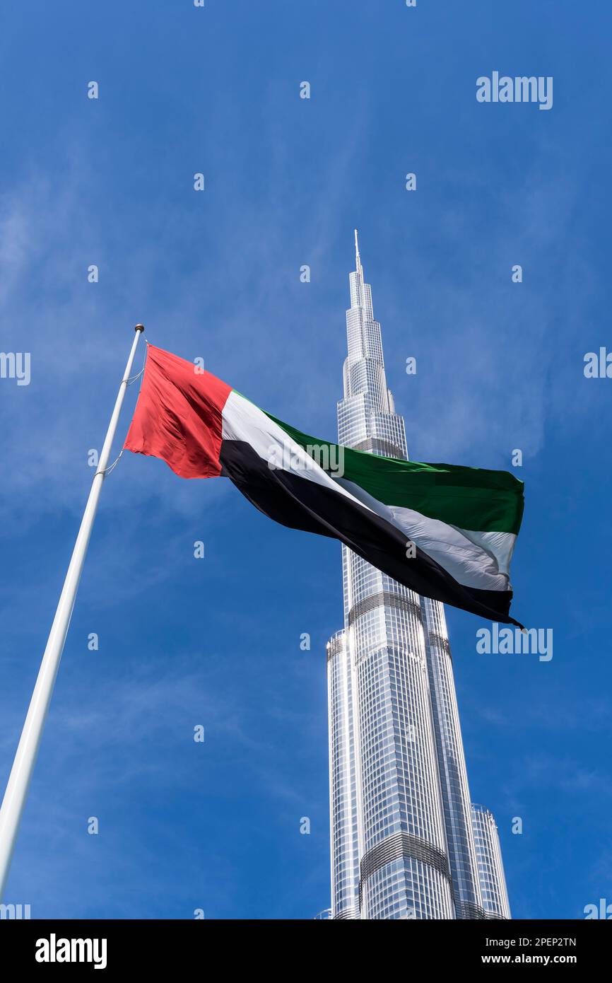 Dubai, UAE - March 7, 2023: Flag of the UAE on the background of the ...