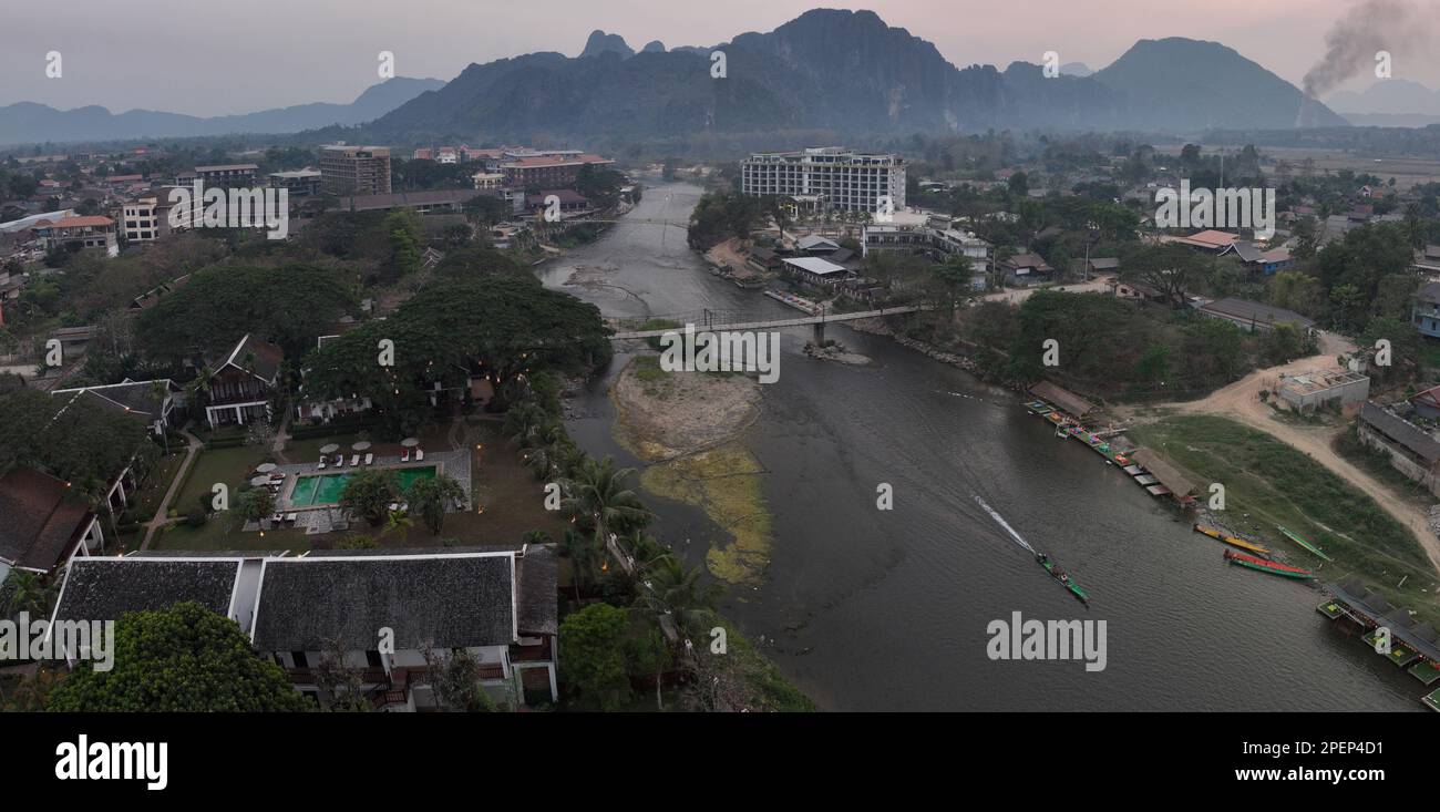 Aerial view of Vang Vieng and Nam Song river at sunset, Laos Stock ...