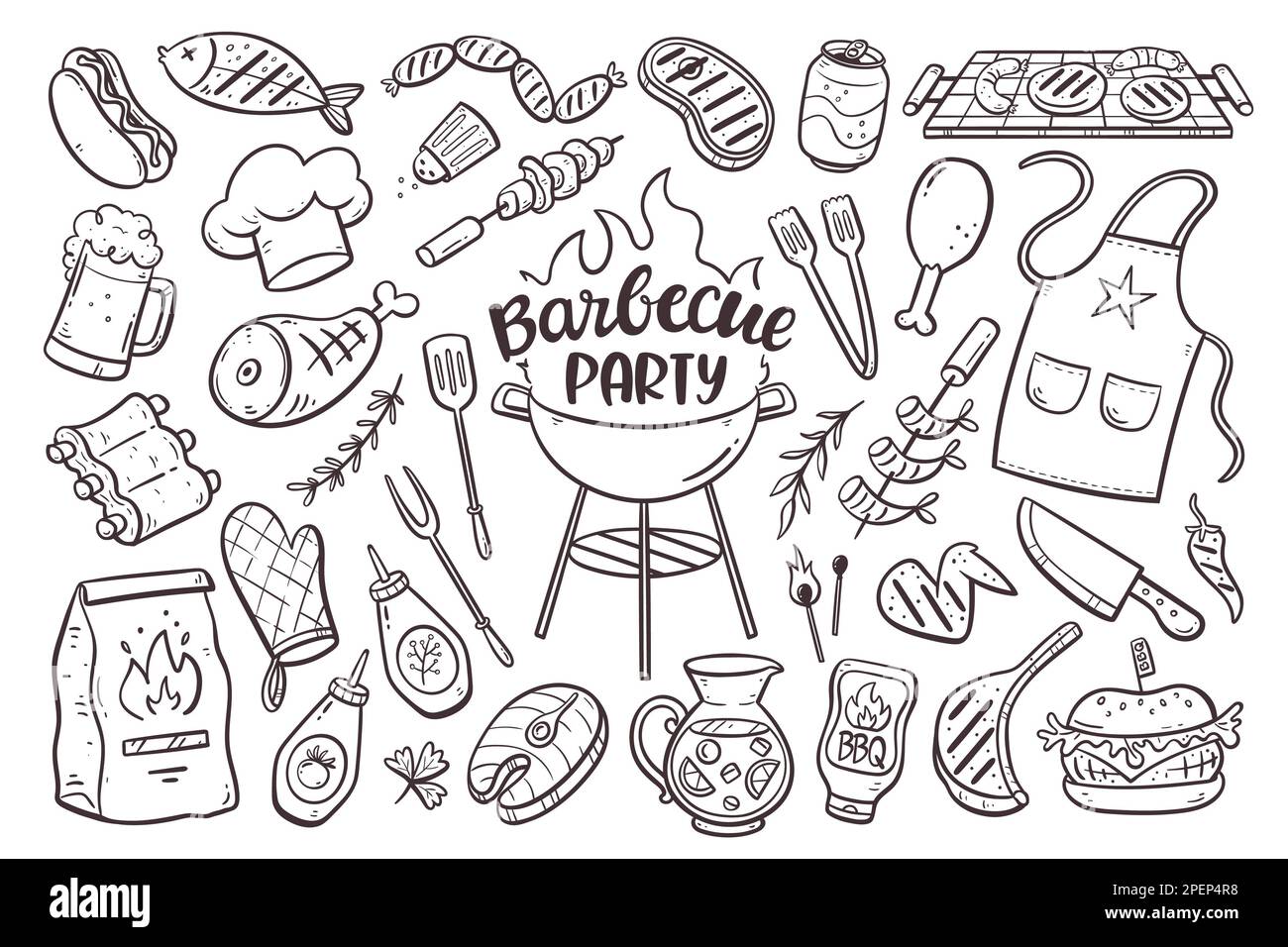 Barbecue party background with meat, burgers, sausages and barbecue ...