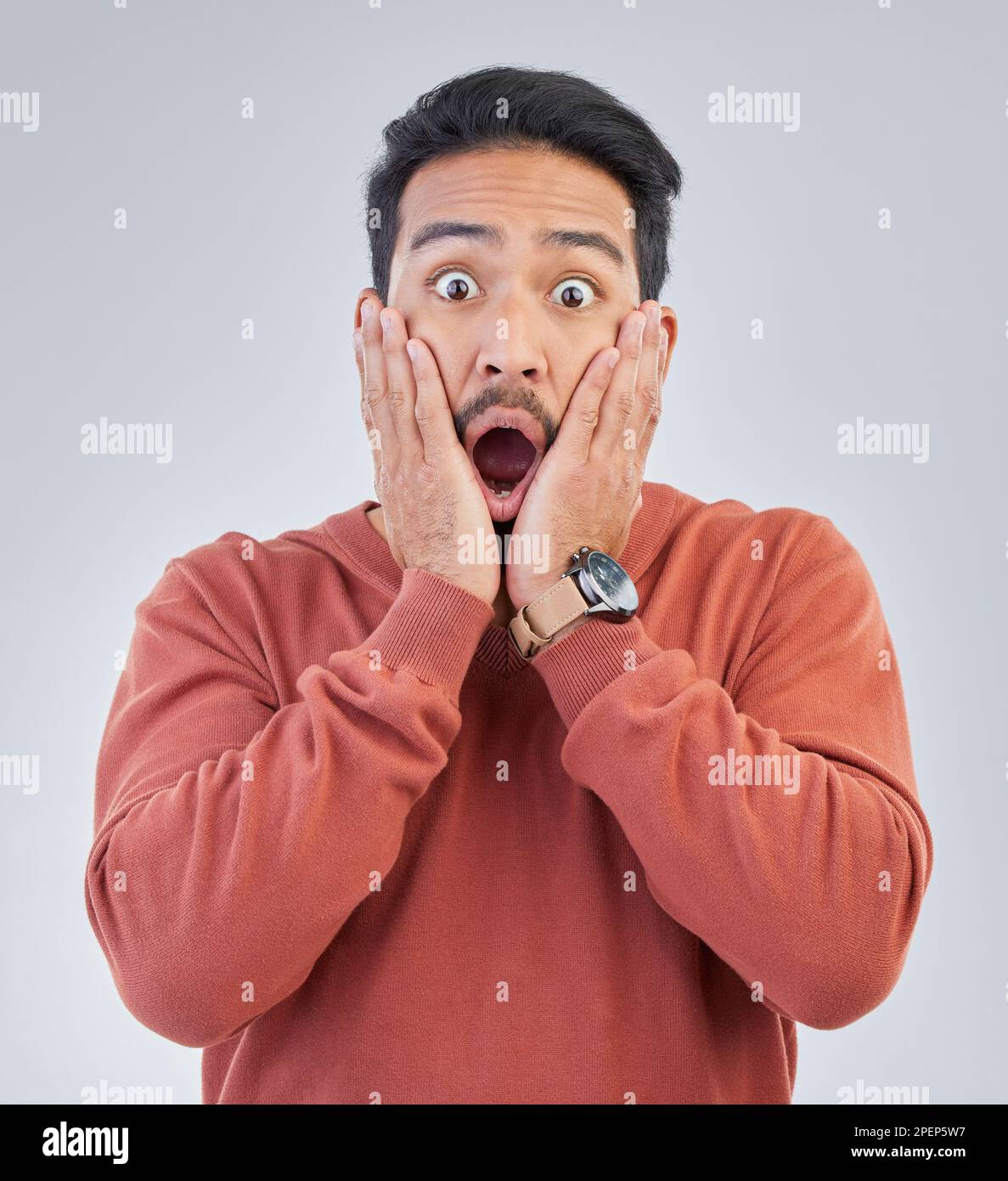 Surprise, shock face and portrait of man on white background with emoji ...