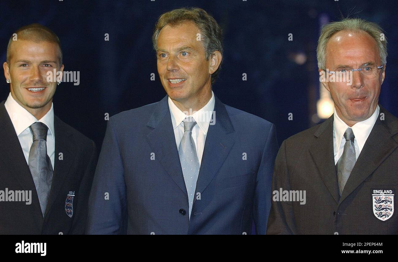 British Prime Minister Tony Blair, center, England soccer team captain ...