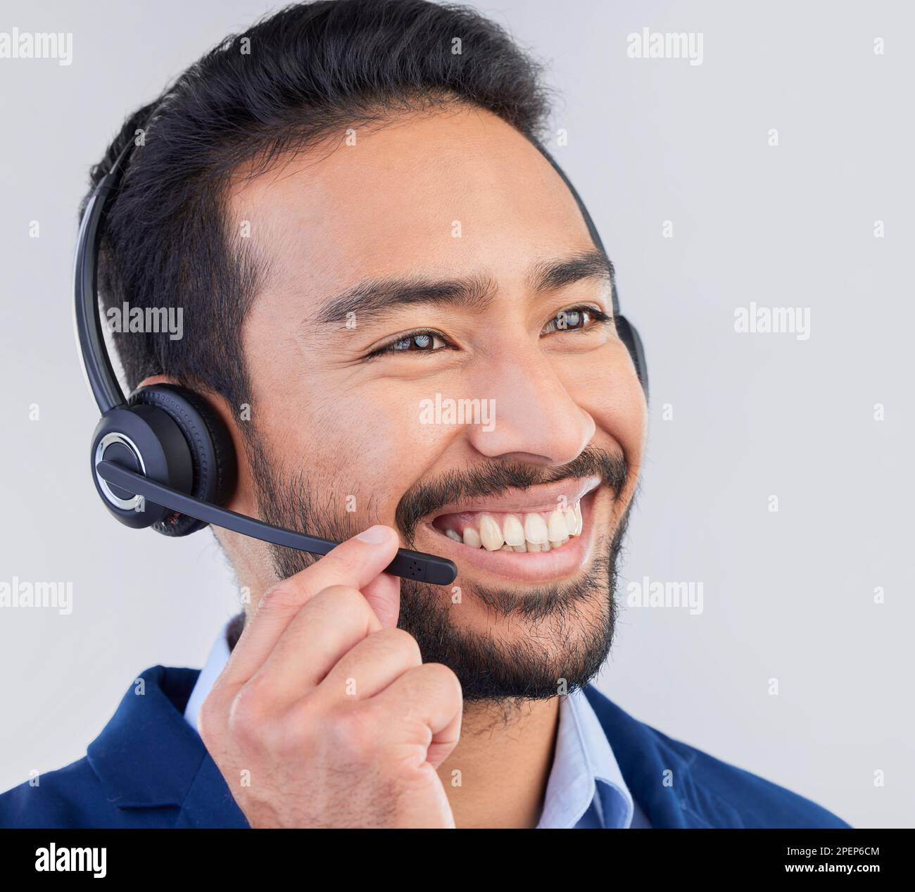 Call center, microphone and face of man with smile for communication ...