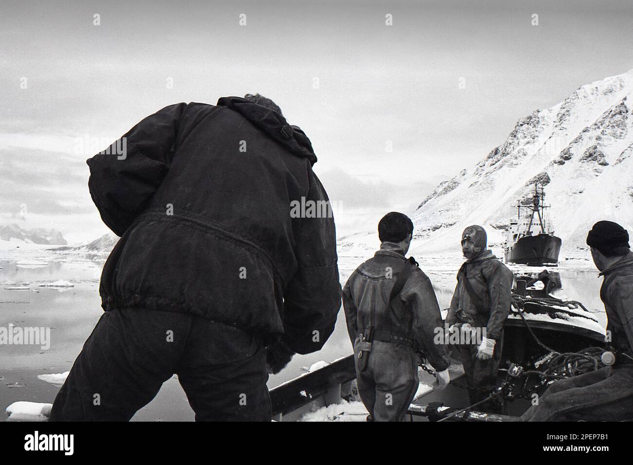 HMS Endurance diving team preparing for a dip under the ice during 1972 ...