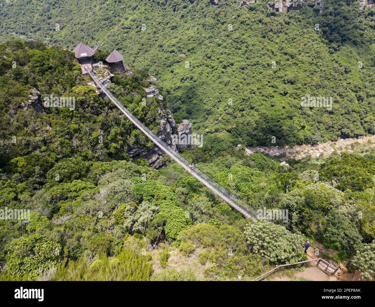 Drone view at the suspension bridge on Oribi gorge in South Africa ...