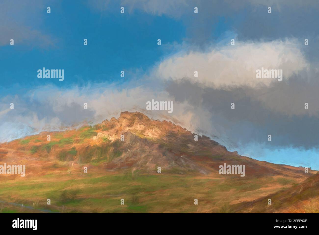 Digital watercolour of autumnal sun lighting the heather and rocks at ...