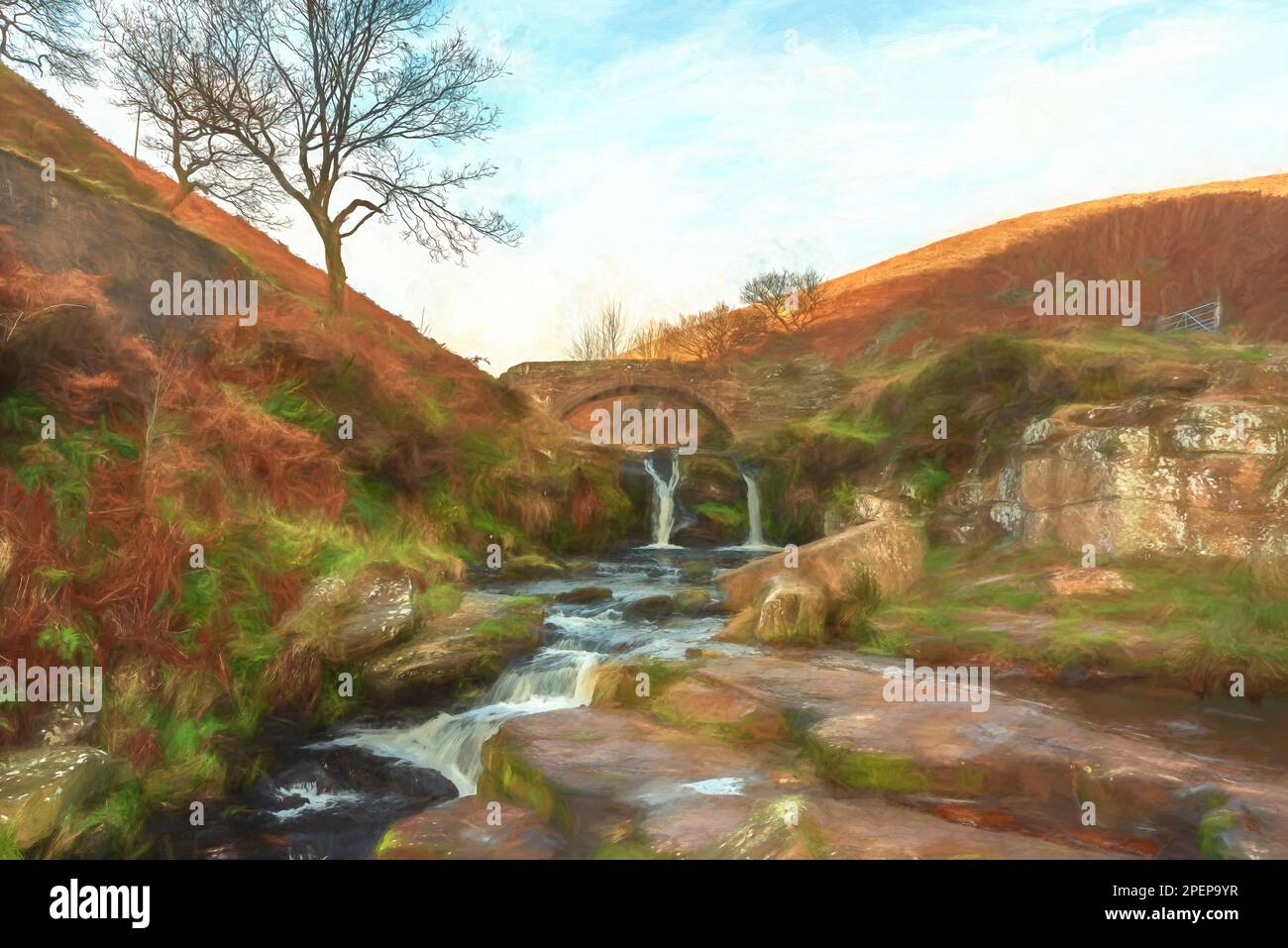 Digital watercolour of a waterfall and packhorse stone bridge at Three ...