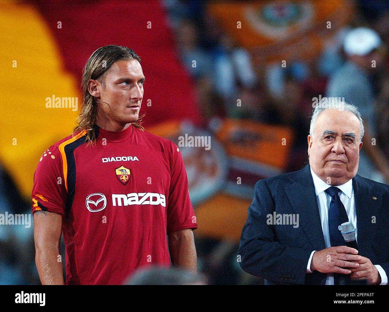 AS Roma President Franco Sensi, flanked by Francesco Totti, at Rome's ...