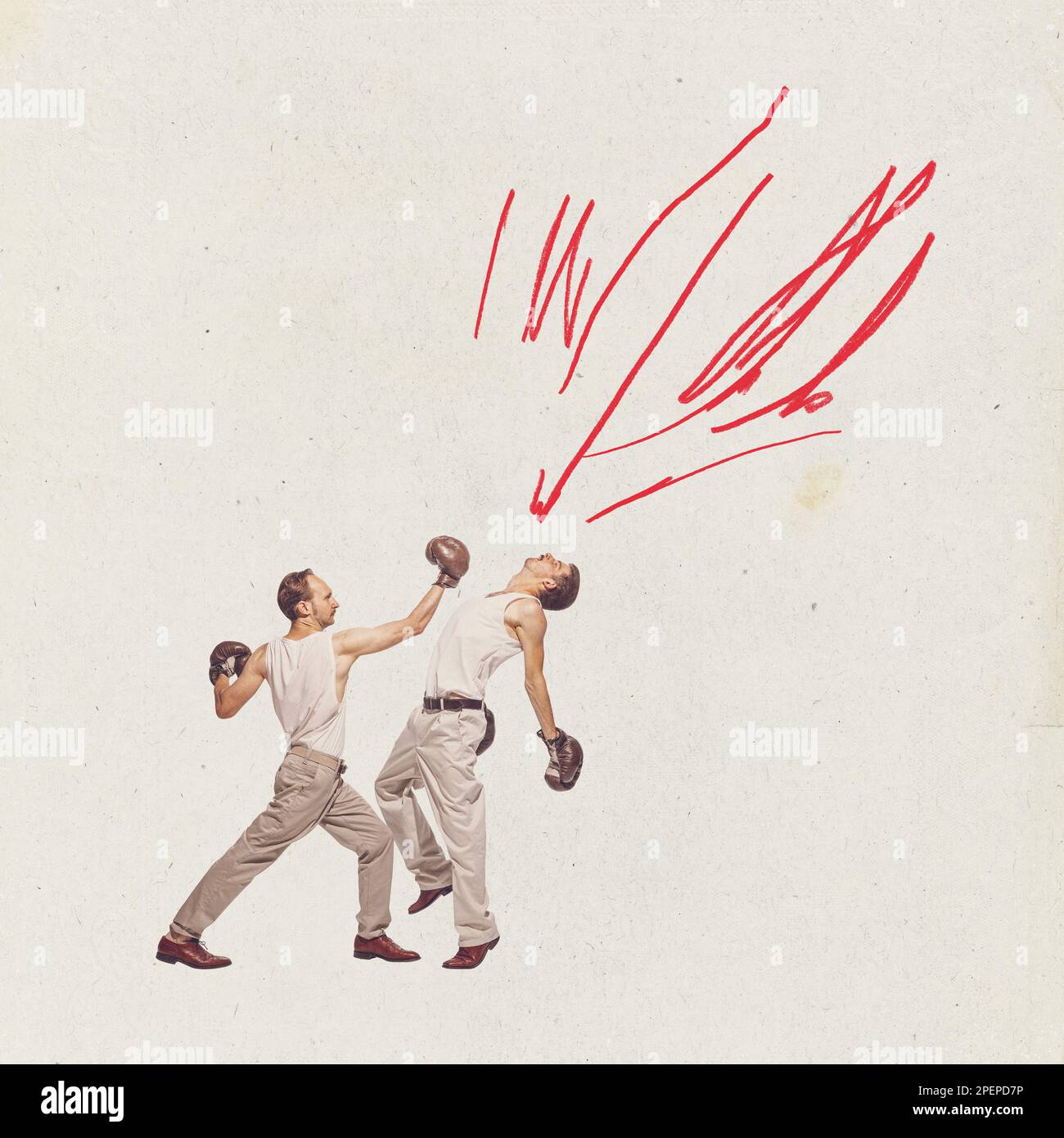 Contemporary art collage. Two young men in retro clothes fighting ...