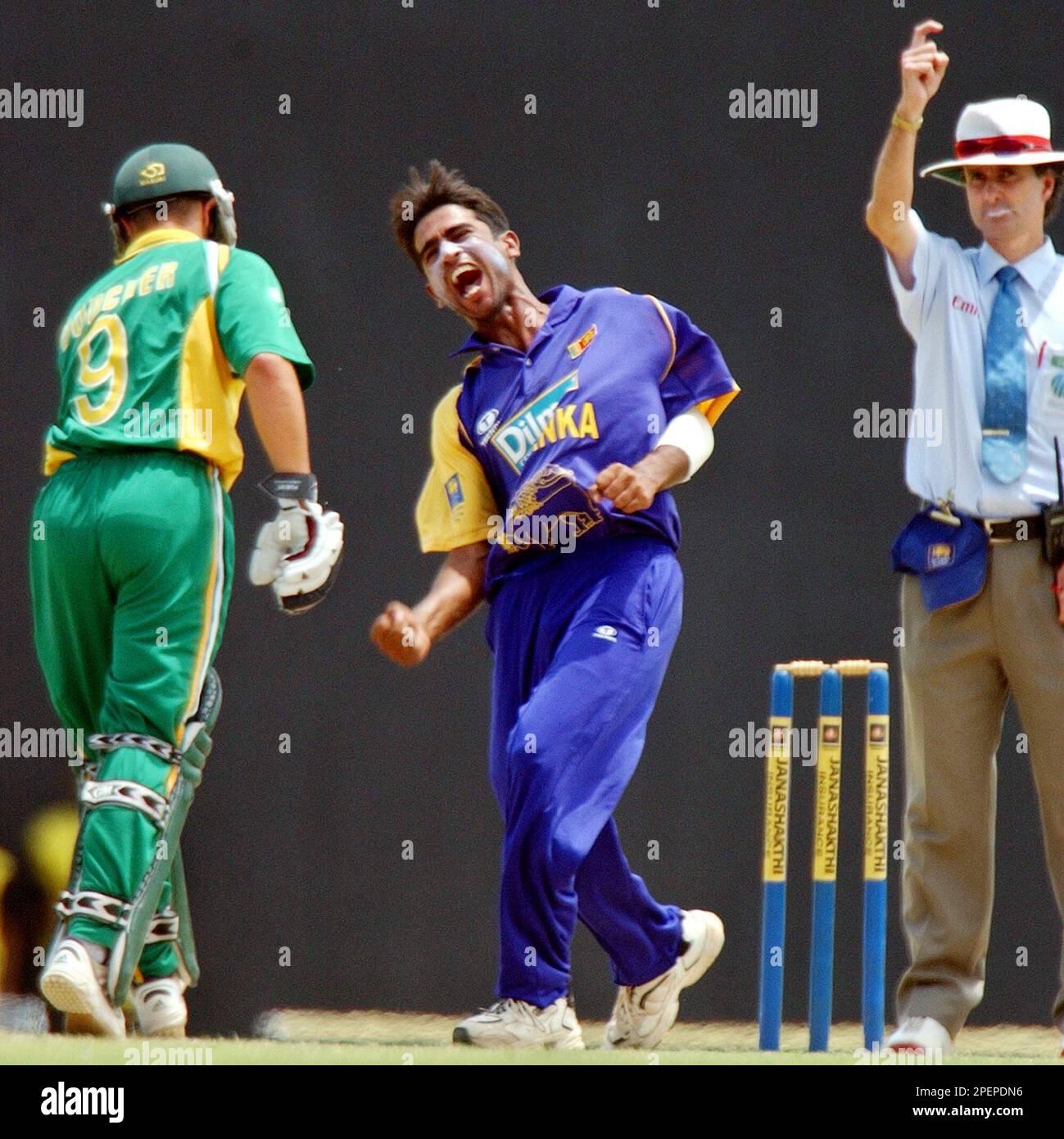 Sri Lanka's bowler Kaushalya Lokuarachchi, center, celebrates the ...